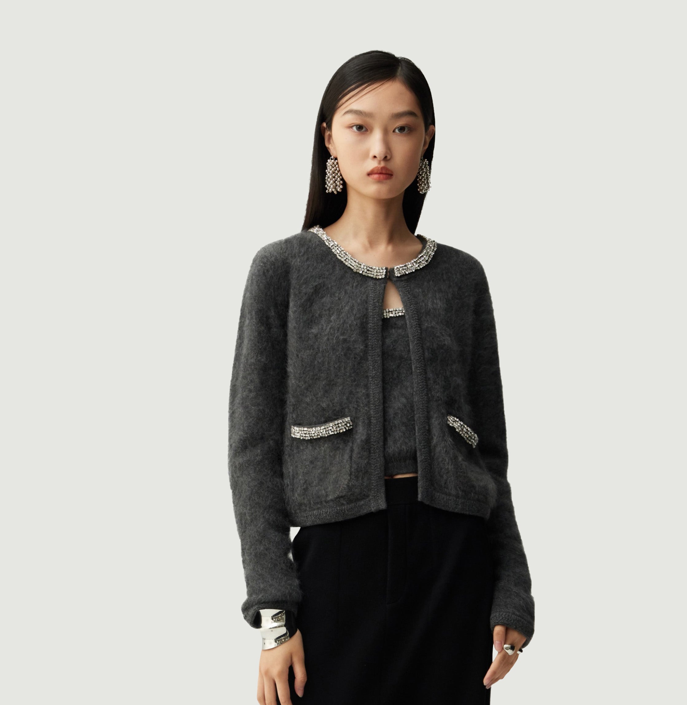 FLUFFY CASHMERE CARDIGAN SWEATER WITH CRYSTAL EMBELLISH – CRUSH Collection